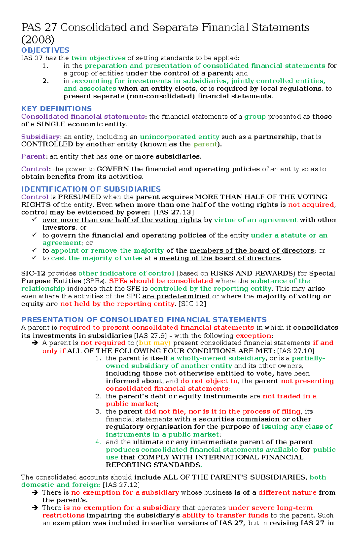 PAS 27 Consolidated & Separate Financial Statements Overview - Studocu