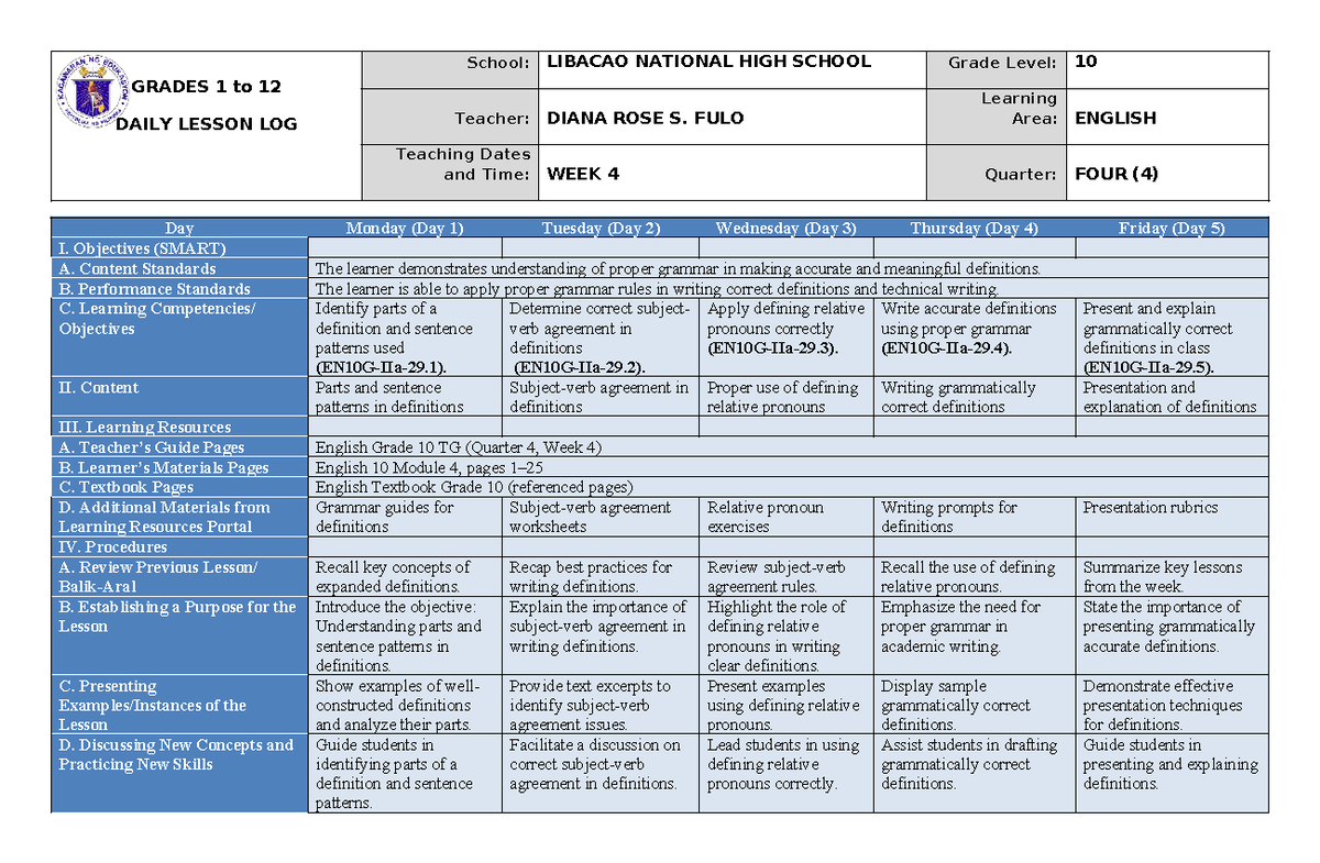 Q4 DLL-G10-WEEK-4 - English Grade 10 Lesson Plan: Definitions & Grammar ...