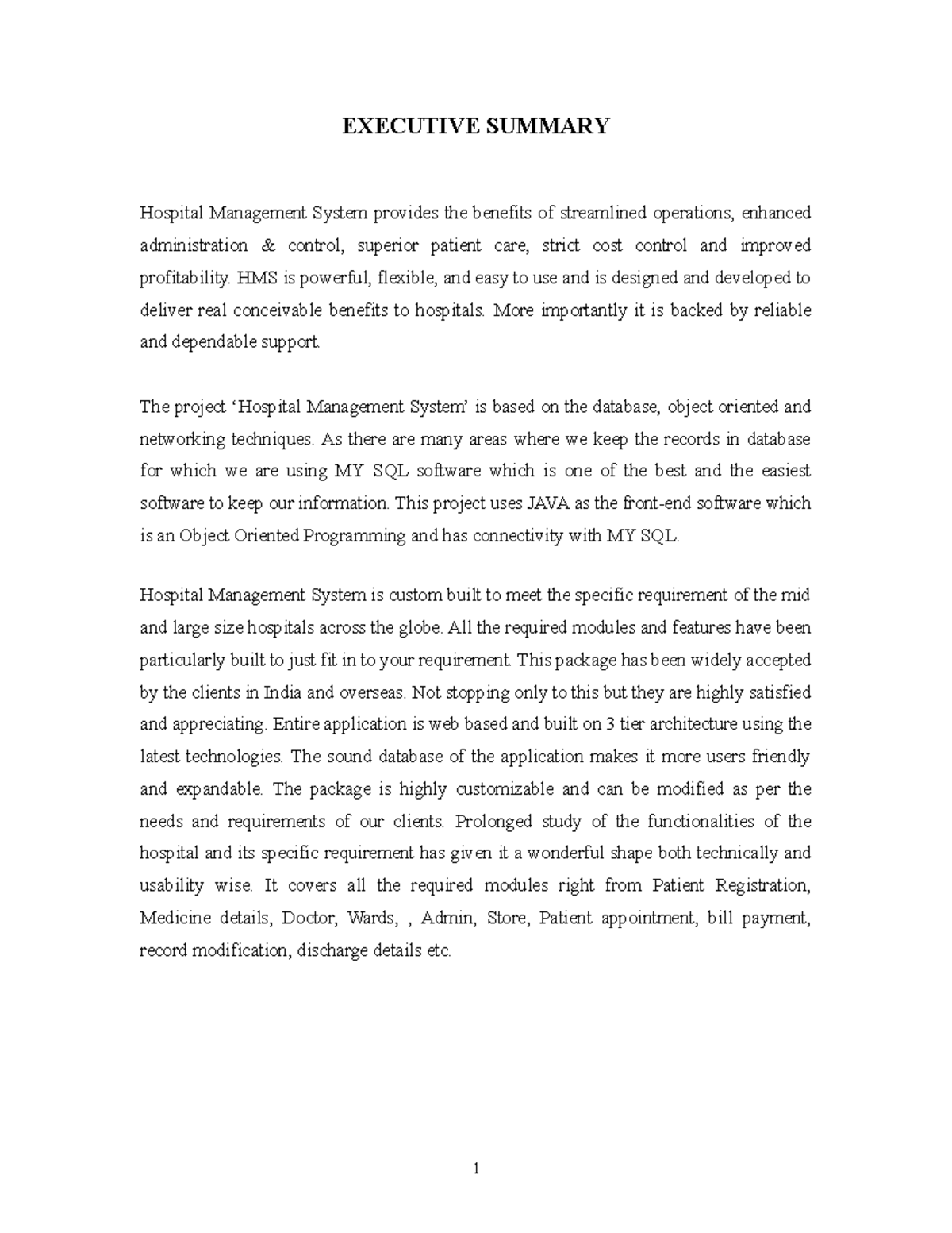 Hospital-management project-report - EXECUTIVE SUMMARY Hospital ...