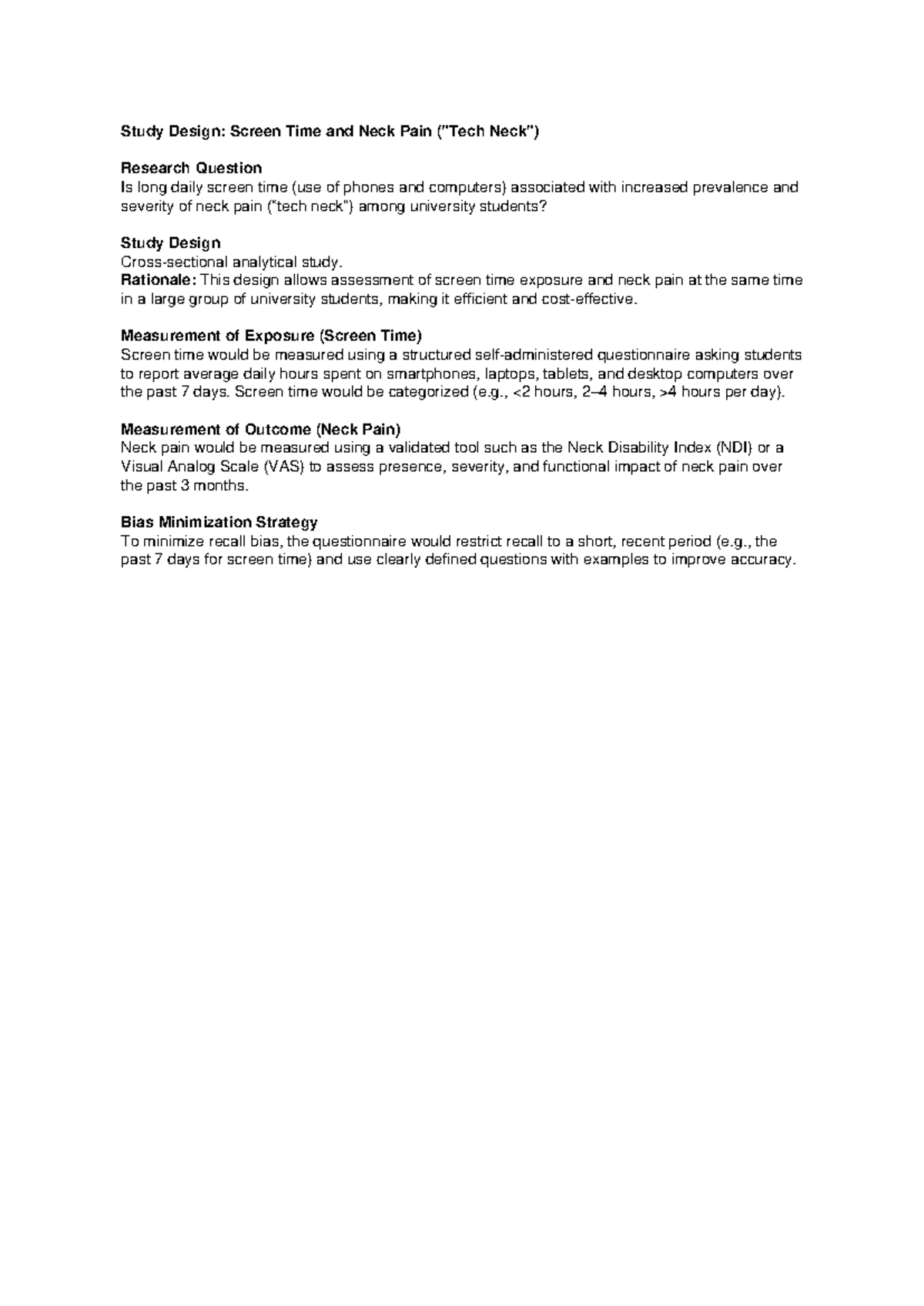 Tech Neck Study Design: Screen Time & Neck Pain Analysis - Studocu