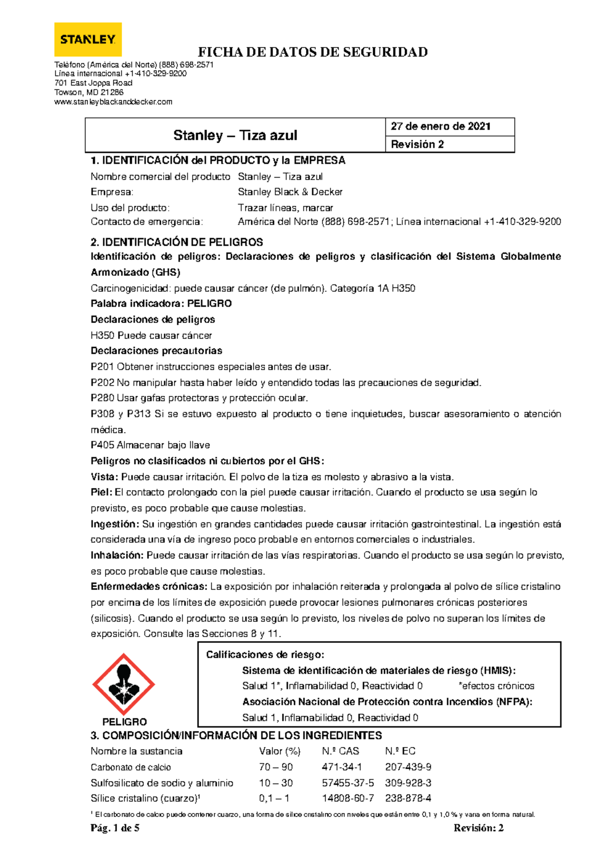 FICHA DE DATOS DE SEGURIDAD (SDS) Stanley Tiza Azul - Revisión 2 - Studocu