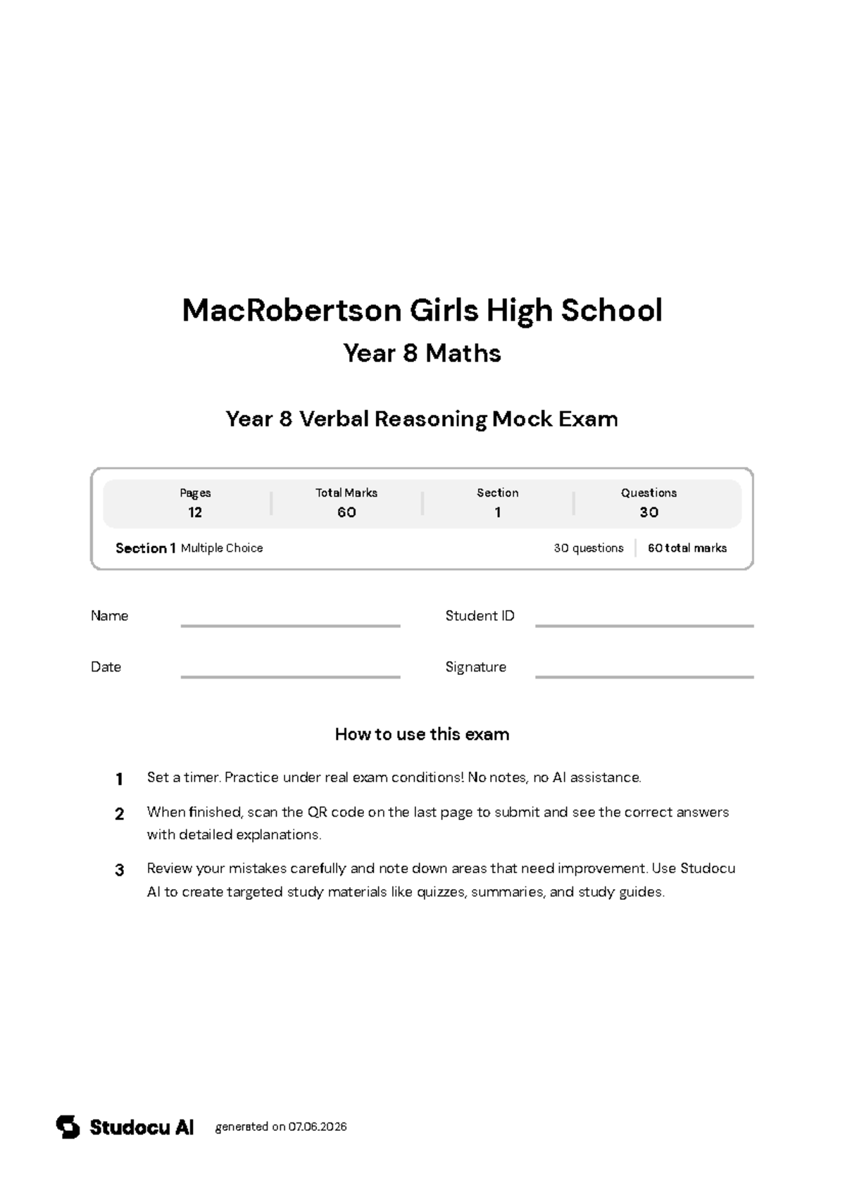 Year 8 Verbal Reasoning Mock Exam - Studocu