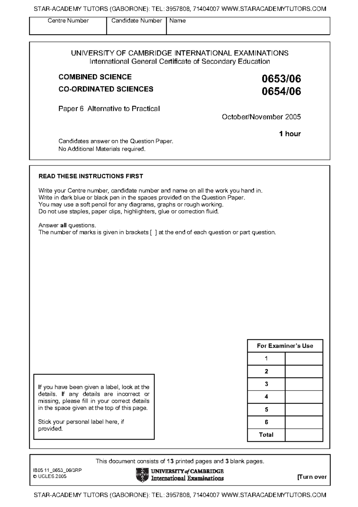 IGCSE Combined Science Paper 6 Alternative to Practical Oct/Nov 2005 ...