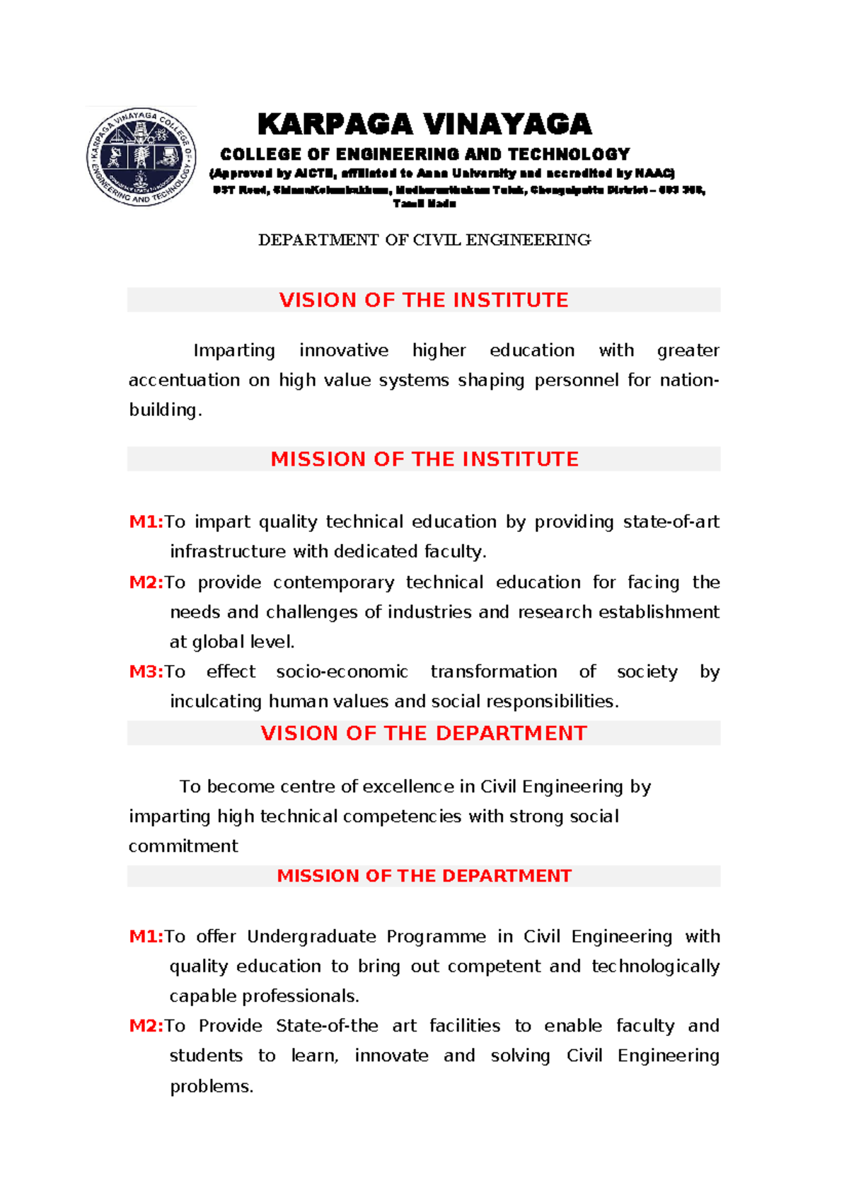 Civil Engineering Vision and Mission - KCE 2023 - Studocu