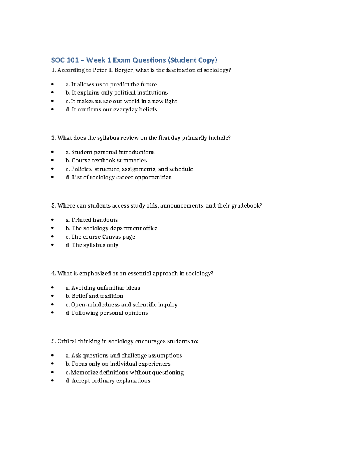 SOC 101 Week 1 Exam Questions & Answers (Student Copy) - Studocu