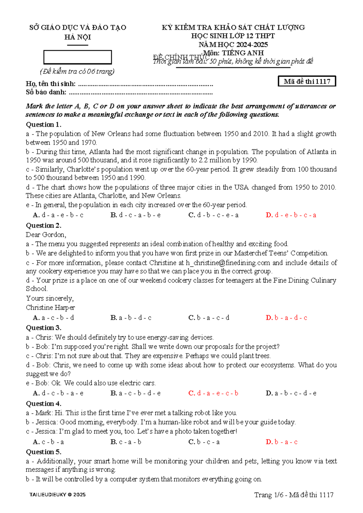 Đề Thi Thử Tiếng Anh THPT 12 - Hà Nội 2025 (Có Đáp Án) - Studocu