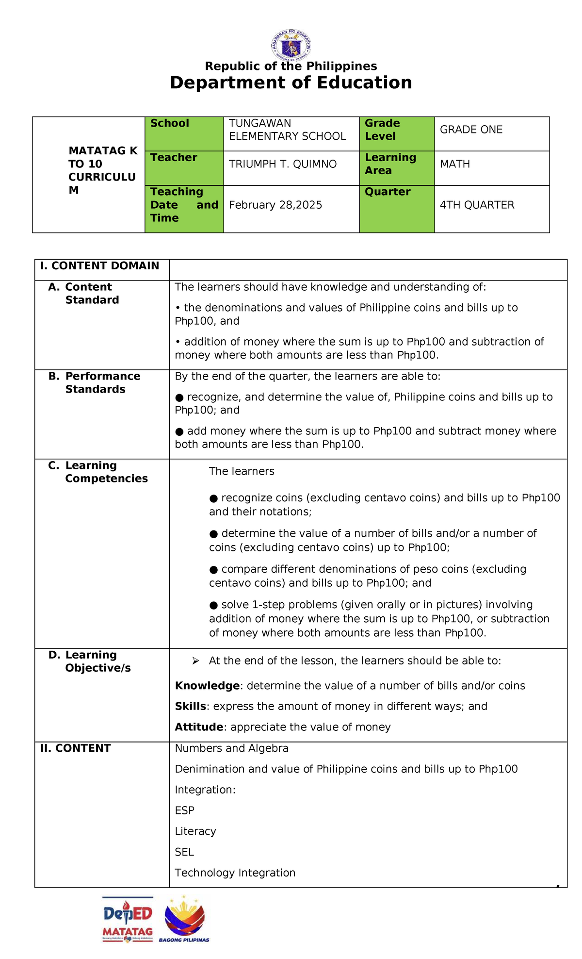 Lesson Plan: Math for Grade 1 (MATATAG K to 10) - Money Concepts - Studocu