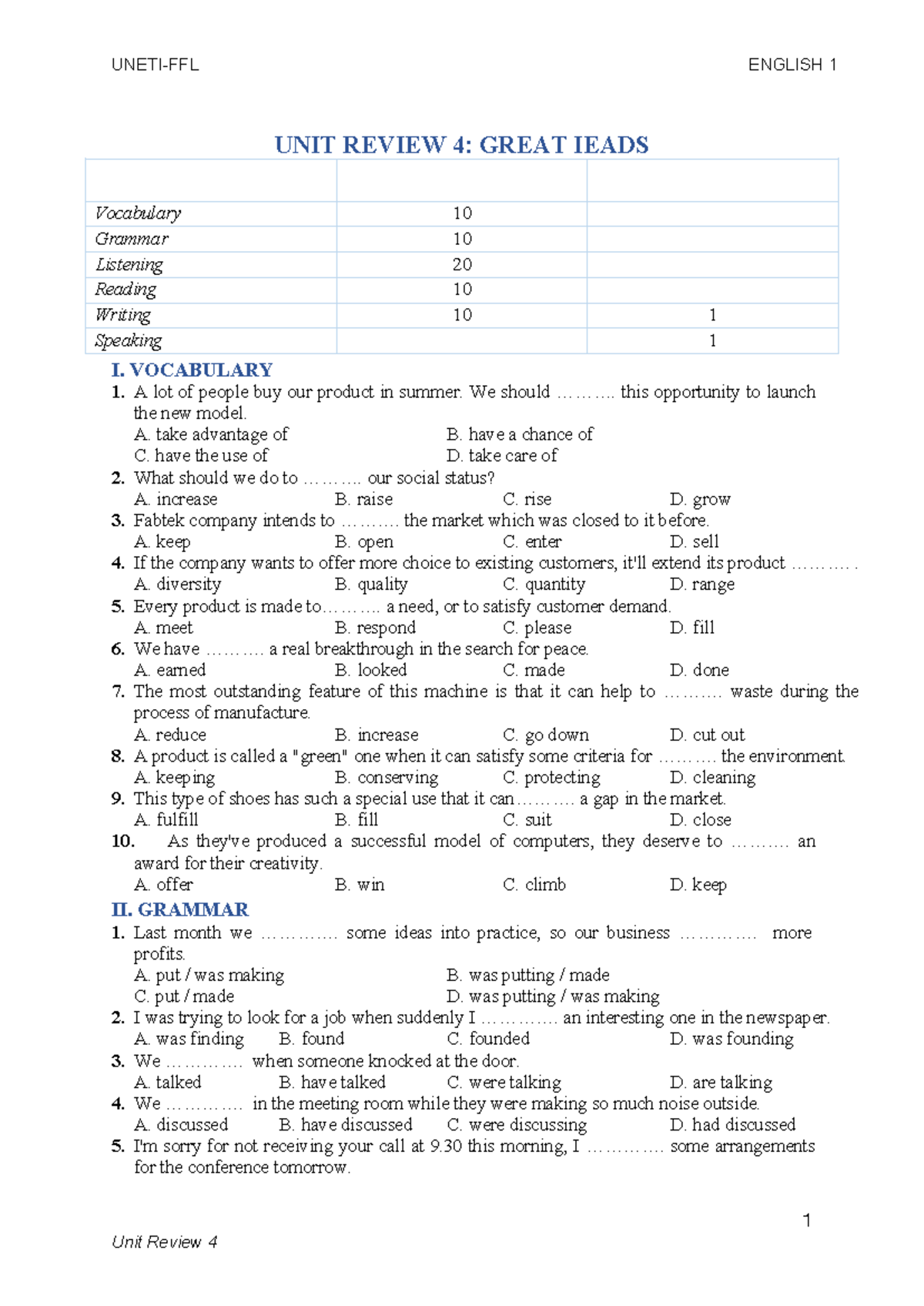 ENGLISH 1 UNIT REVIEW 4: VOCABULARY, GRAMMAR, LISTENING, READING ...
