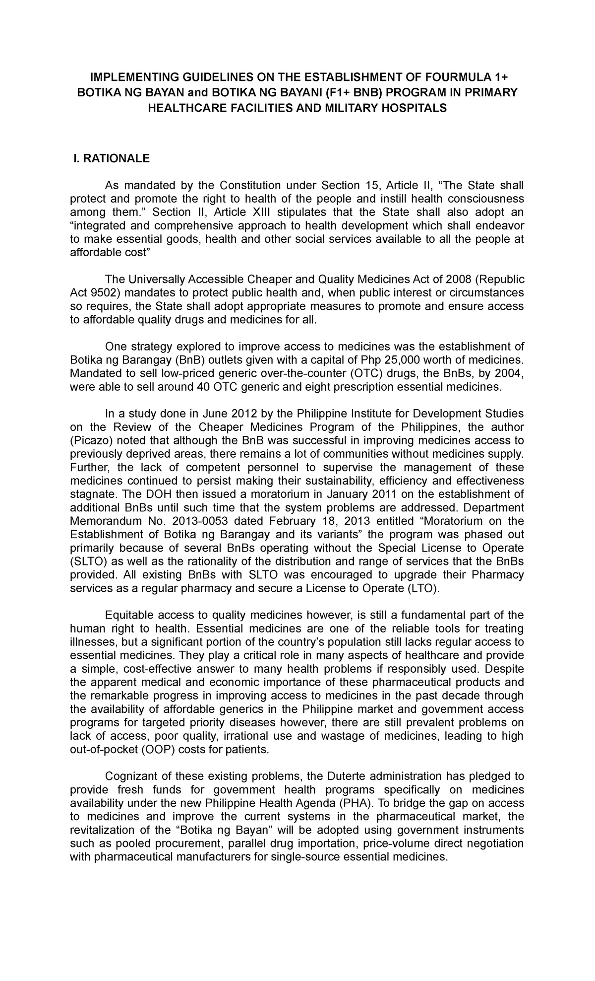 Guidelines for Establishing F1+ Botika ng Bayan and Botika ng Bayani ...