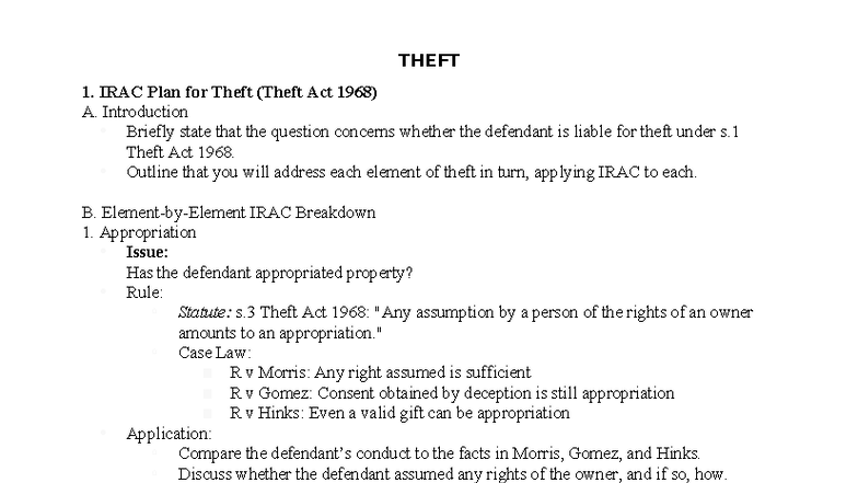 Theft Law Analysis: IRAC Breakdown of Theft Act 1968 - Studocu