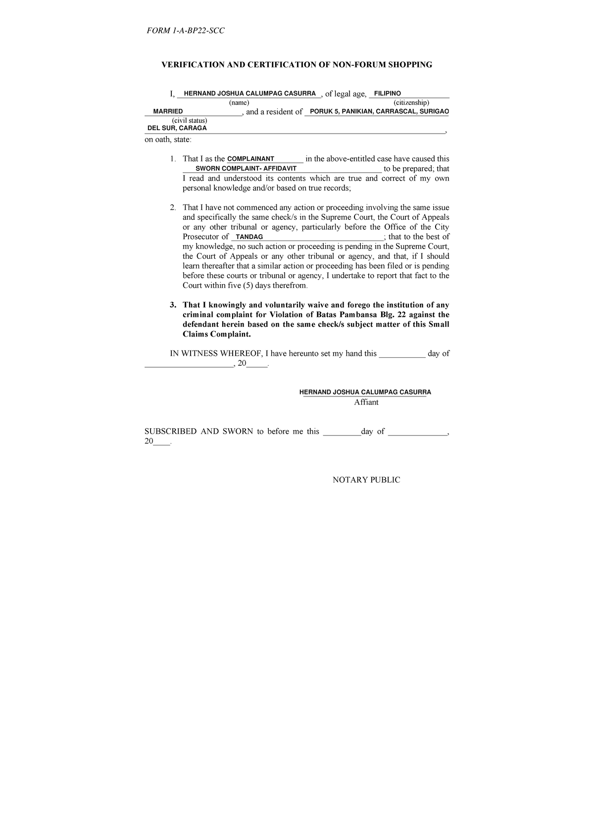 Verification & Certification of Non-Forum Shopping (Form 1-A-BP22-SCC ...