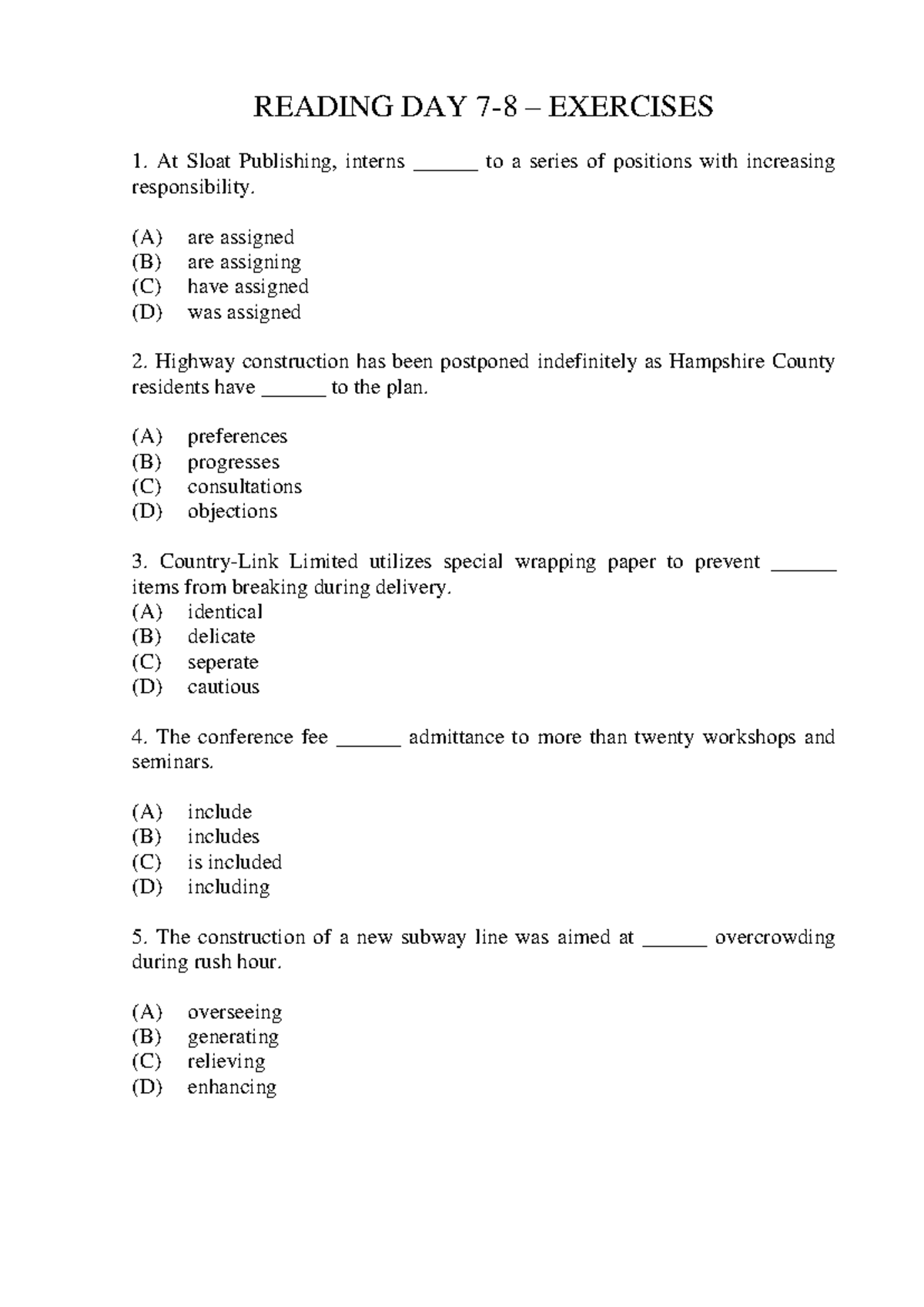 Reading 7-8 - Bài tập trên lớp - READING DAY 7-8 – EXERCISES At Sloat ...