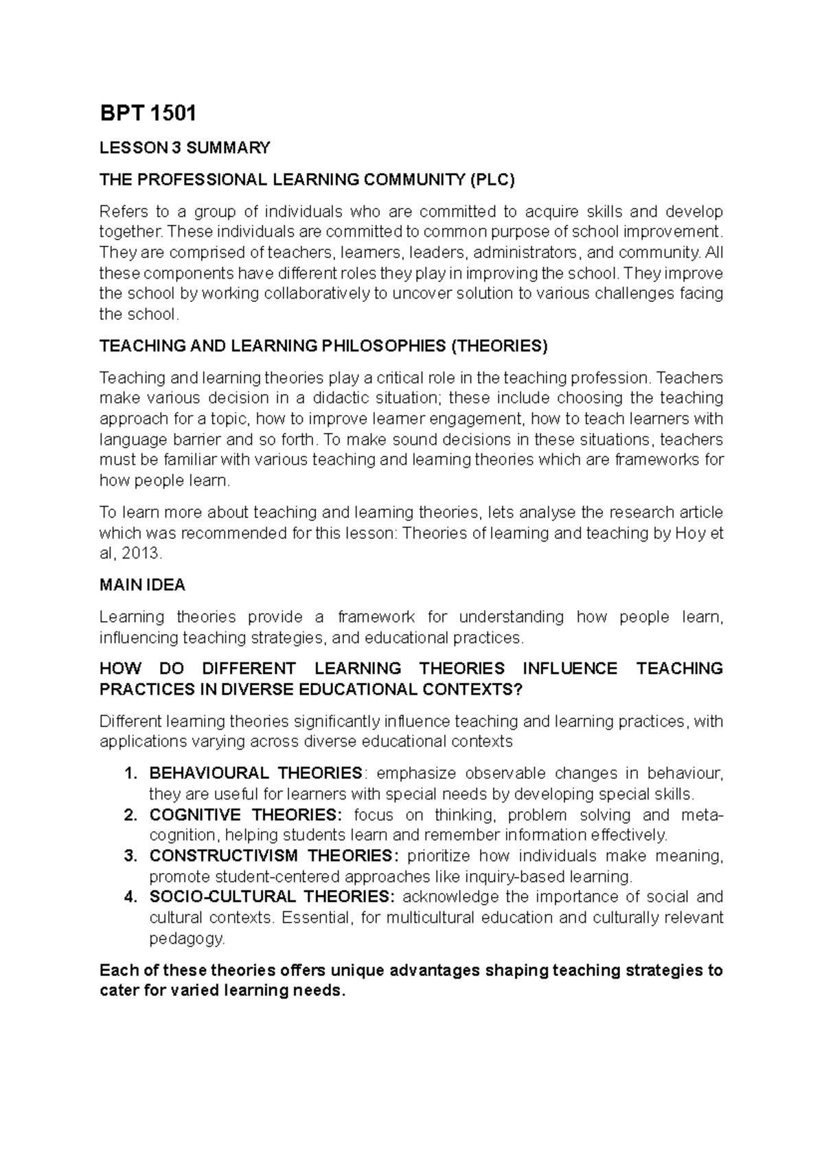 BPT 1501 LESSON 3 SUMMARY: Understanding Learning Theories in Education ...