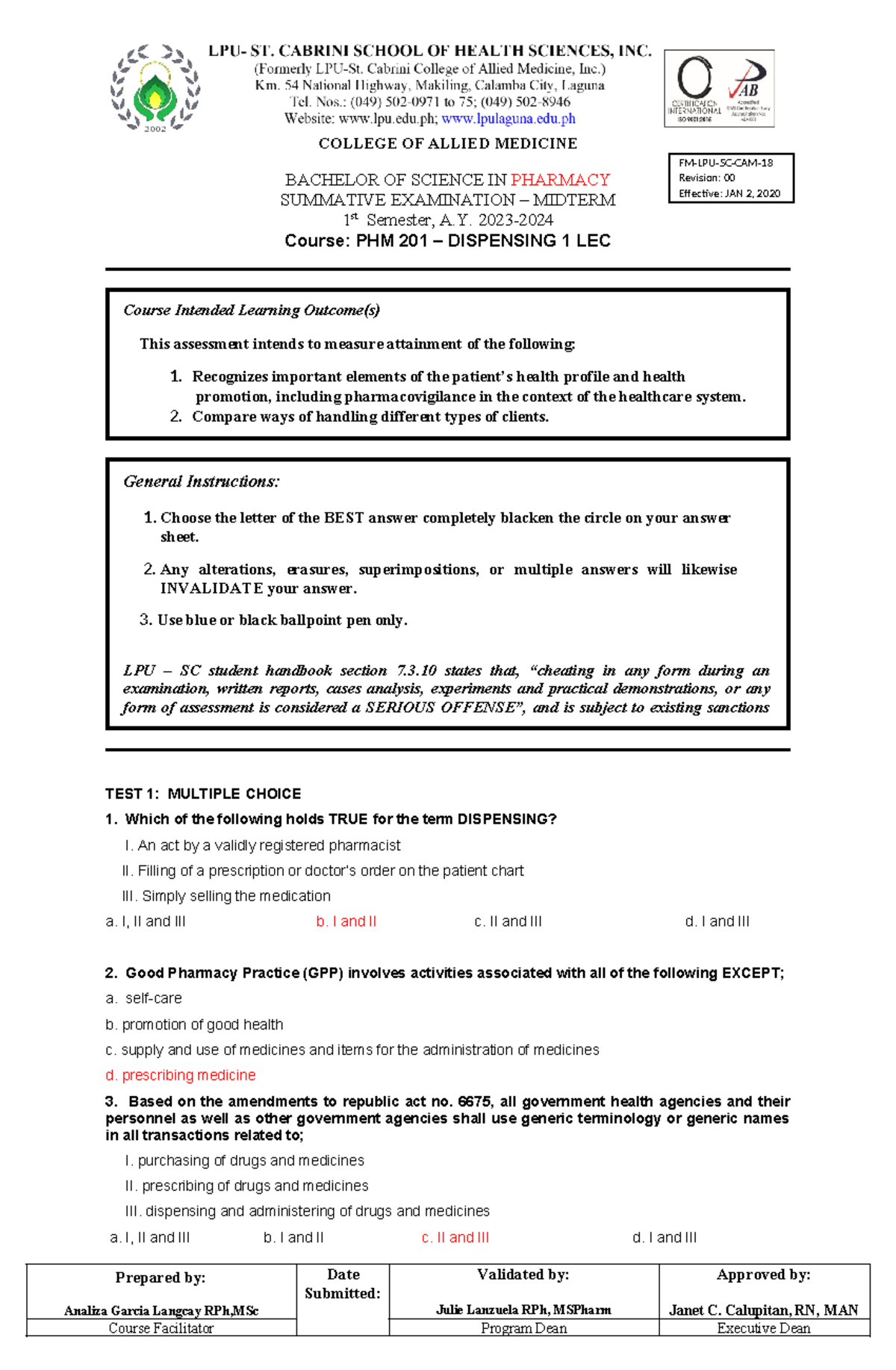 PHM 201 - DISPENSING 1 Midterm Exam Review Notes - Studocu