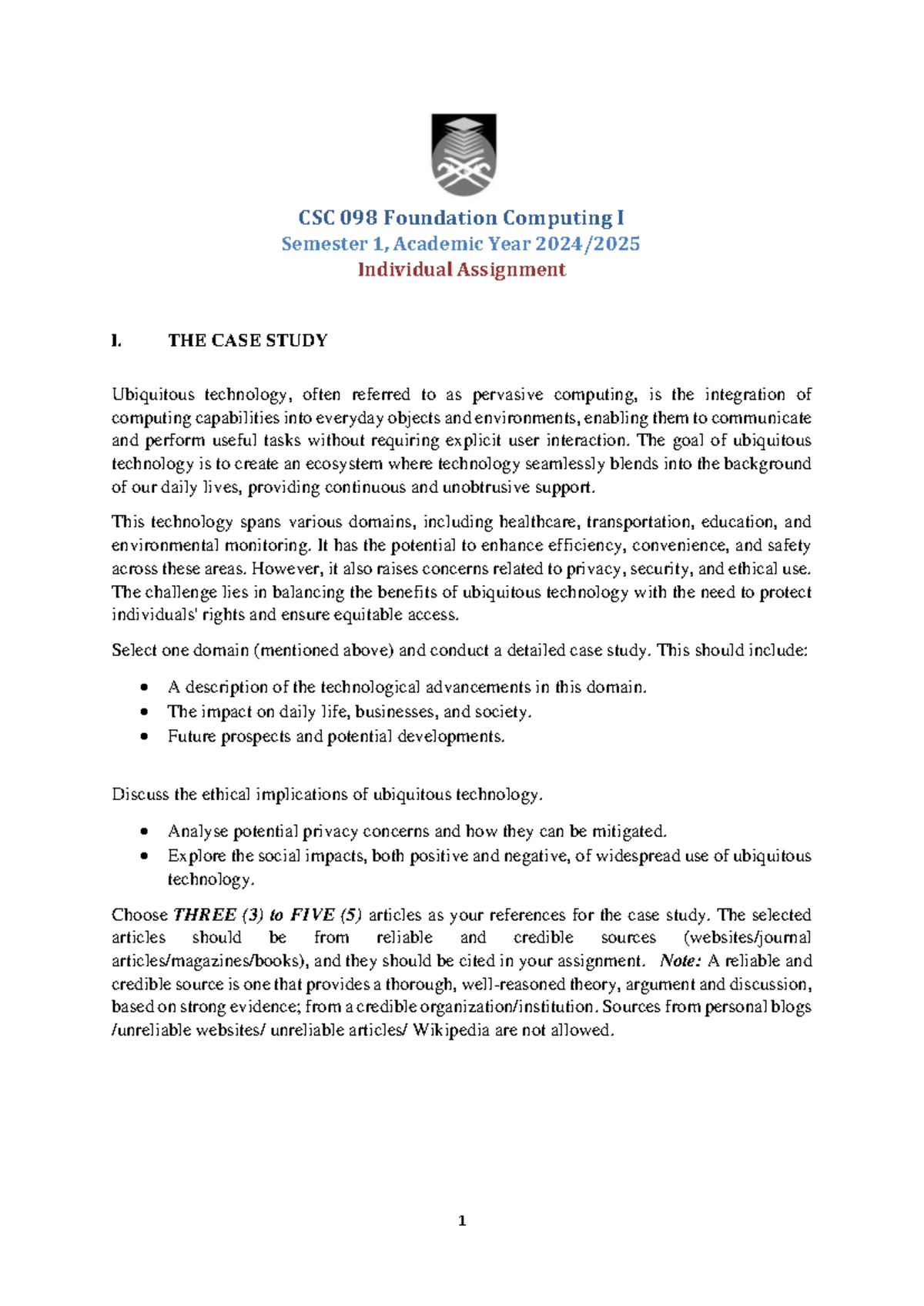 CSC098 Case Study Assignment: Ubiquitous Technology Impact 2024-2025 - Studocu