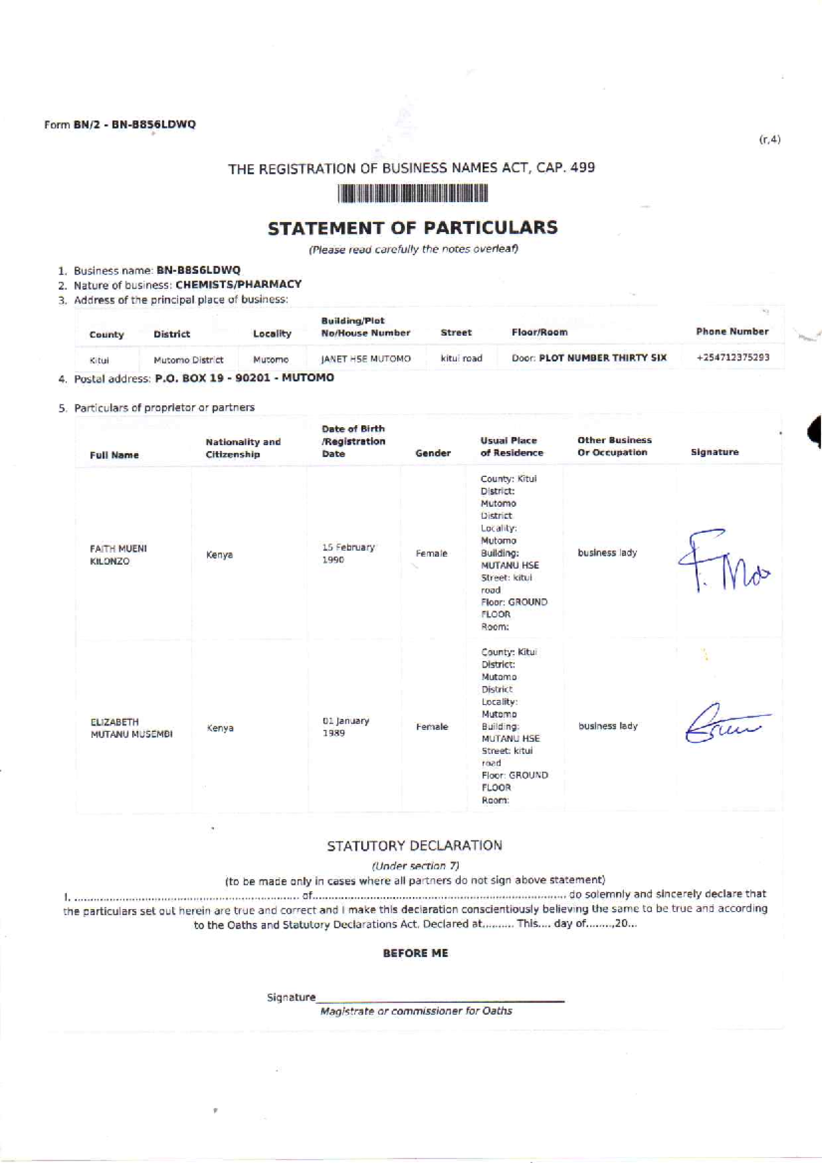 BN2 Form: Registration of Business Names Act, Cap. 499 Details - Studocu