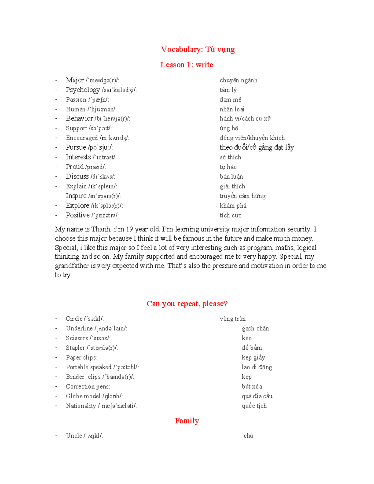 Vocabulary Lessons for English Language Learning - tài liệu - Studocu