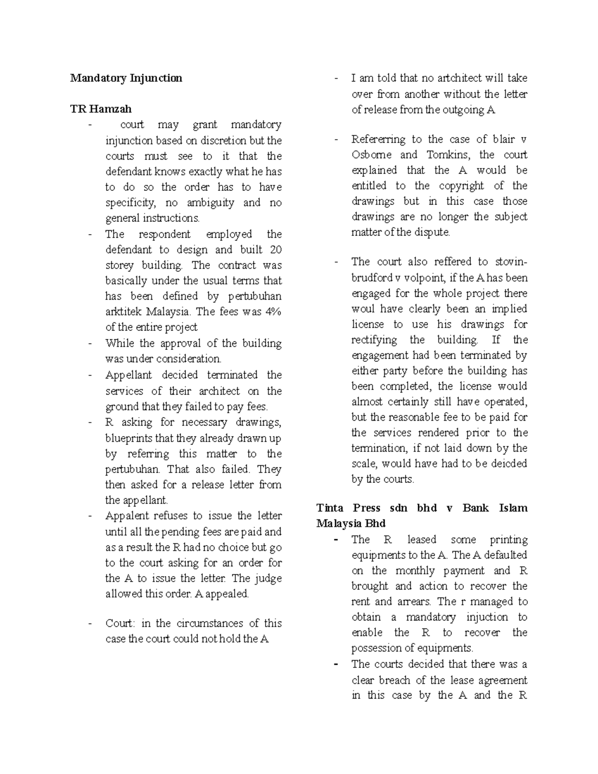 Mandatory Injunction Analysis: Key Case Law Insights - Studocu