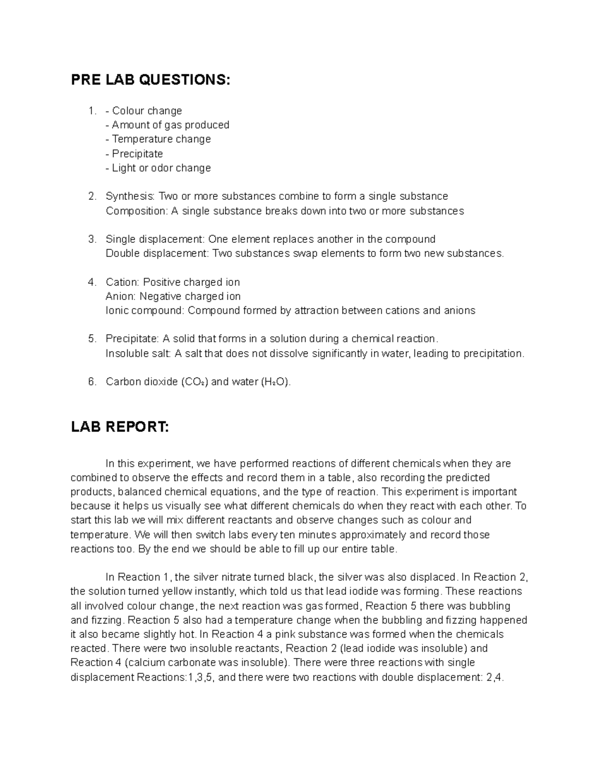 Lab Report Types of Chemical Reactions - Google Docs - PRE LAB ...
