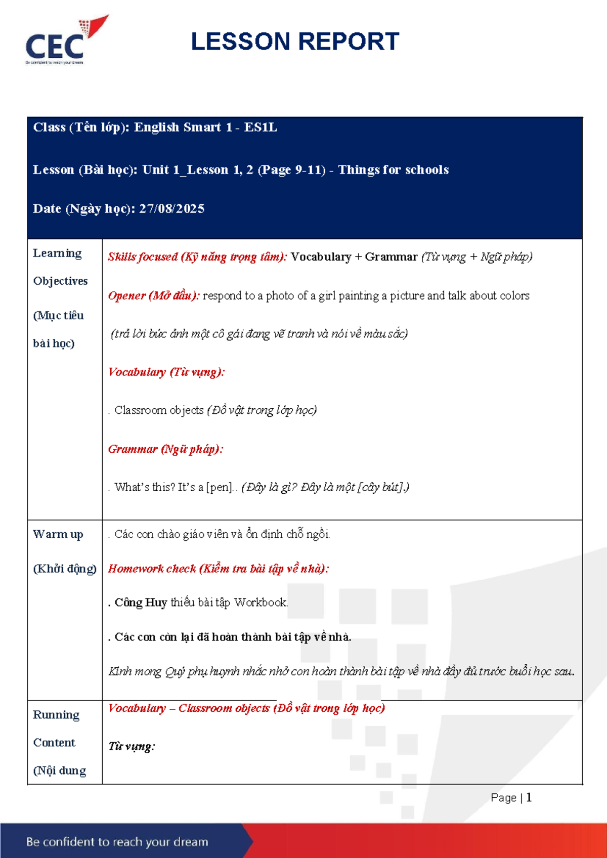 ES1L Lesson Report: Unit 1 Lessons 1 & 2 Overview - Studocu