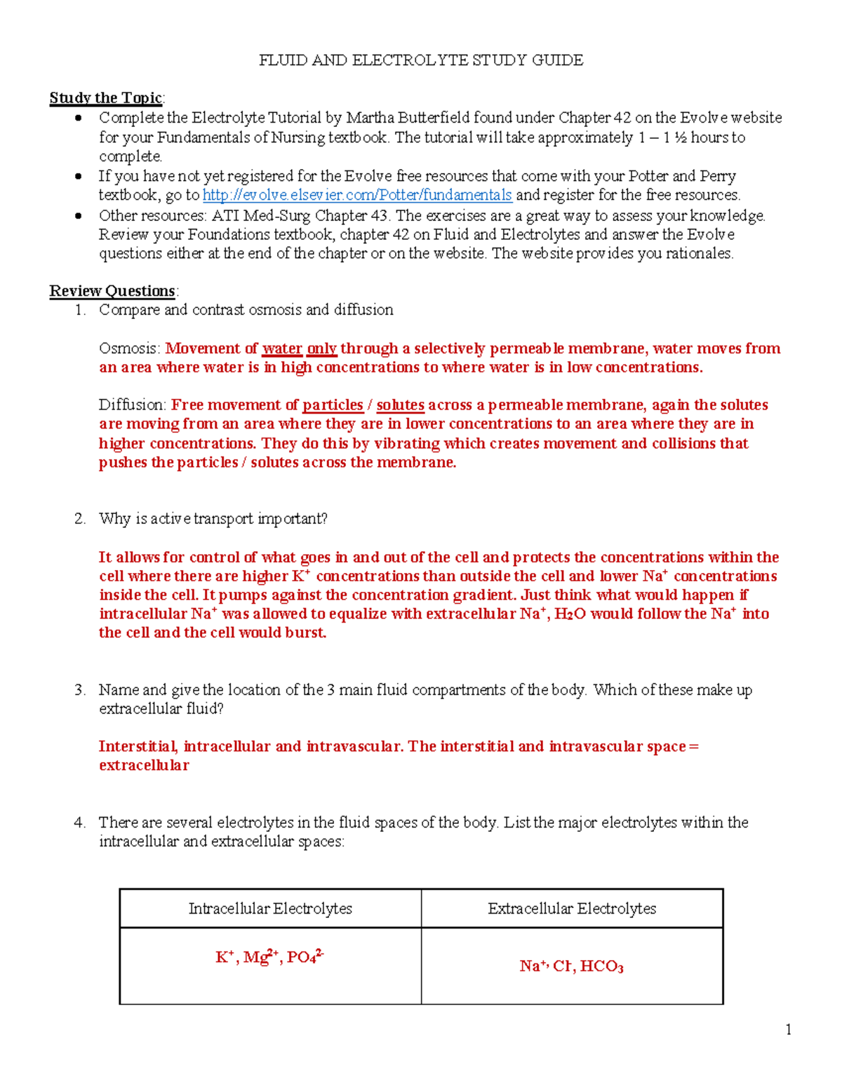 Electrolytes and Fluids Study Guide - Fundamentals of Nursing - Studocu
