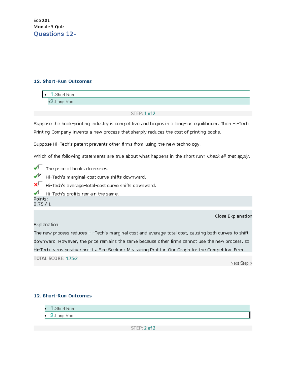 Eco201 - Module 5 Quiz Notes on Short and Long Run Outcomes - Studocu