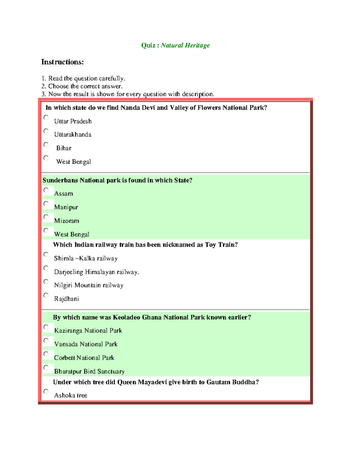 Quiz: Natural Heritage (Course Code: NH101) - Studocu
