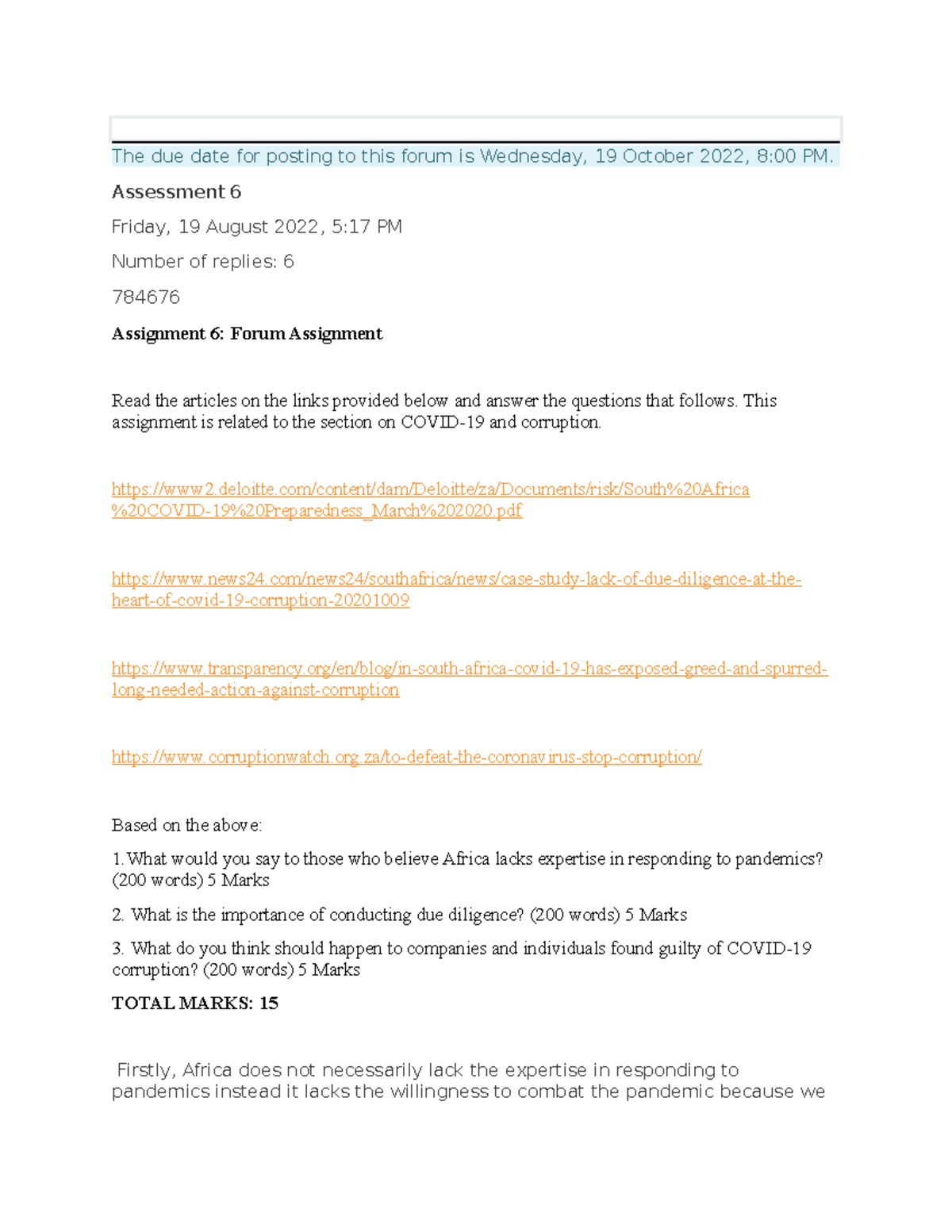 SJD 1501 Assignment 6 DUE Wednesday - The due date for posting to this ...