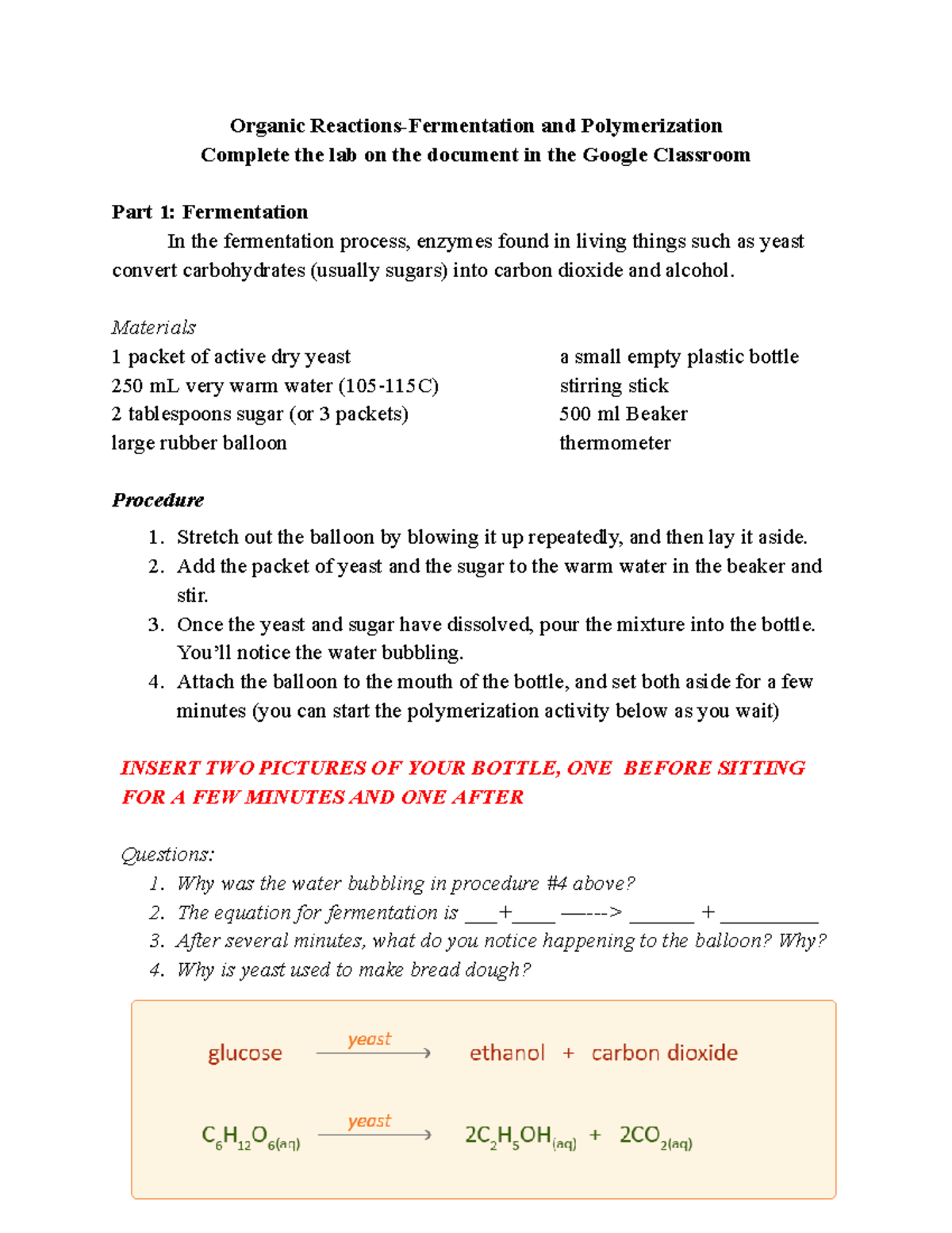 Lab #31: Organic Reactions - Fermentation & Polymerization Techniques ...