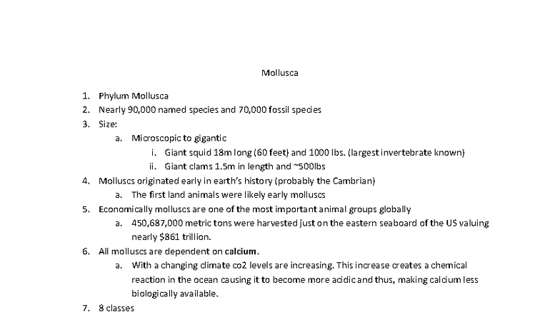 Molluscs - 100 Level Course Notes on Phylum Mollusca - Studocu