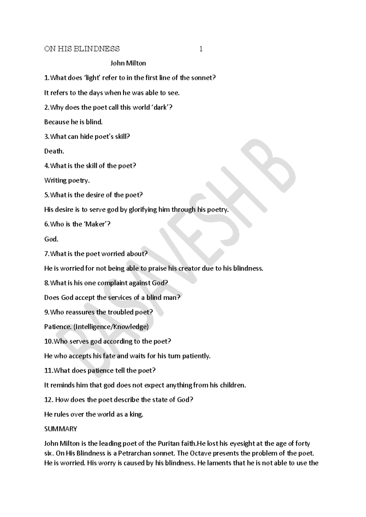 On His Blindness: An Analysis of Milton's Sonnet - Studocu