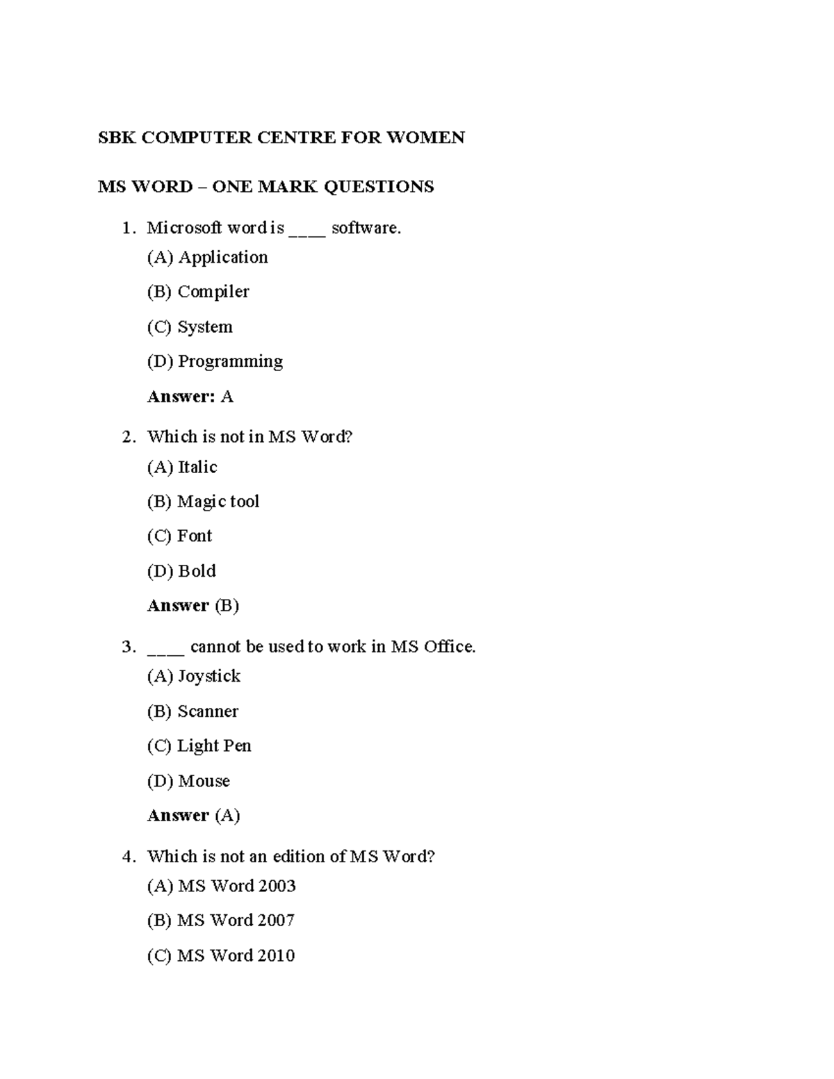 SBK MS WORD ONE MARK QUESTIONS AND ANSWERS - Studocu