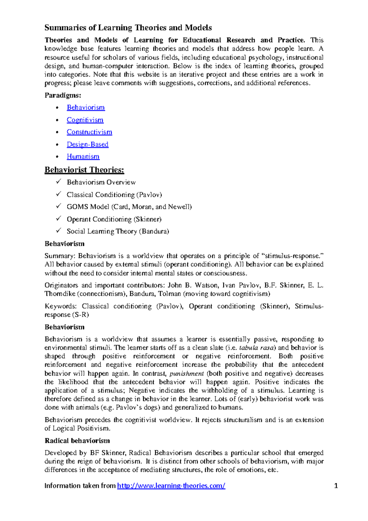 Learning Theories Summary Handout: Key Insights for ED101 - Studocu