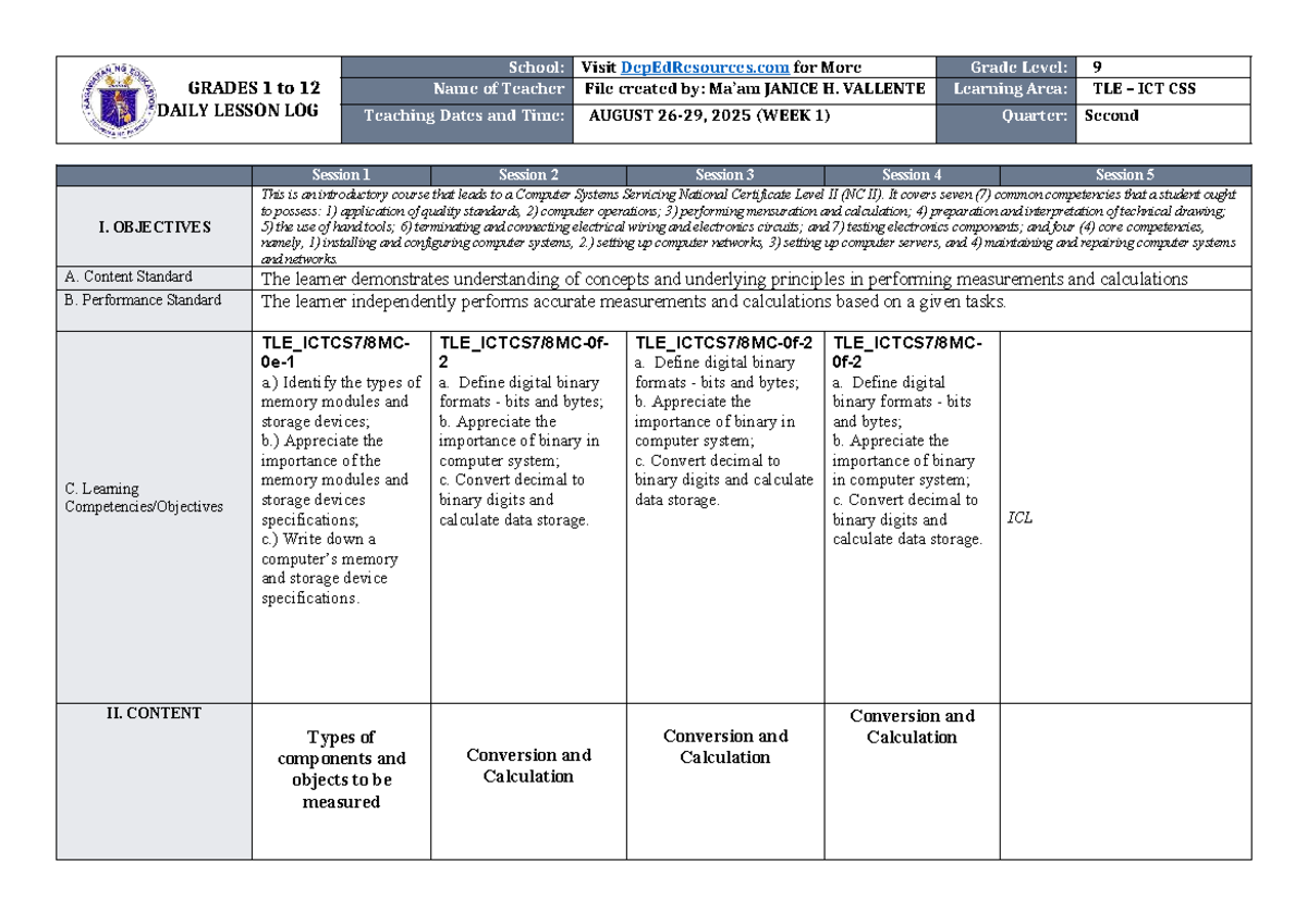 DLL TLE-ICT 9 Q2 W1 - Daily Lesson Log on Computer Systems Servicing ...