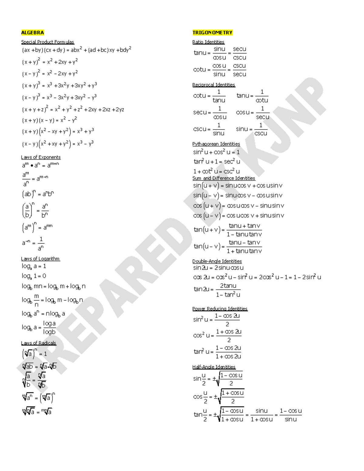 ALGEBRA & TRIGONOMETRY FORMULAS: A Comprehensive Guide - Studocu