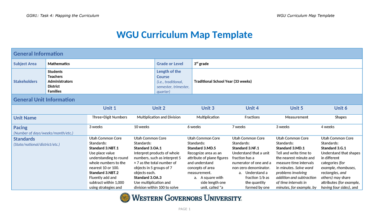 D630: Task 4 - Curriculum Mapping for 3rd Grade Mathematics - Studocu