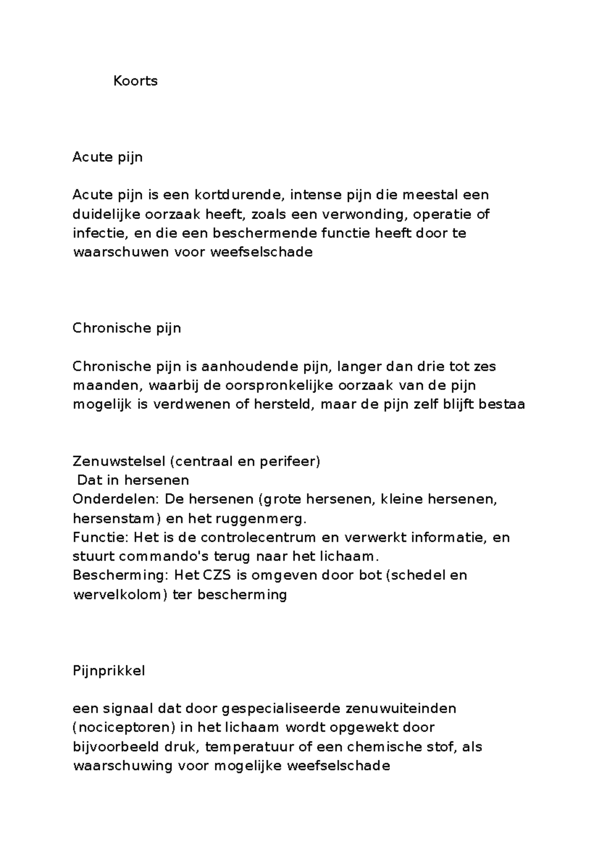 Koorts en Pijn: Acute vs. Chronische Pijn en Zenuwstelsel - Studeersnel