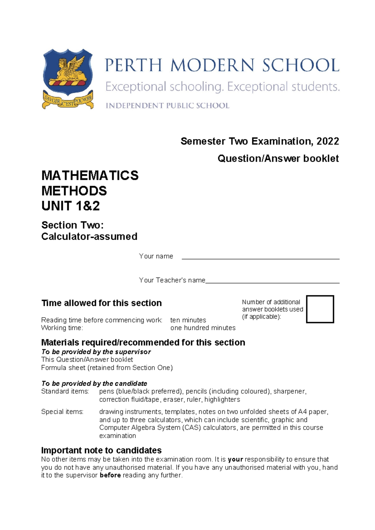 PMS 2022 YR11 Mathematics Methods U12 Sem2 - Exam Booklet - Studocu