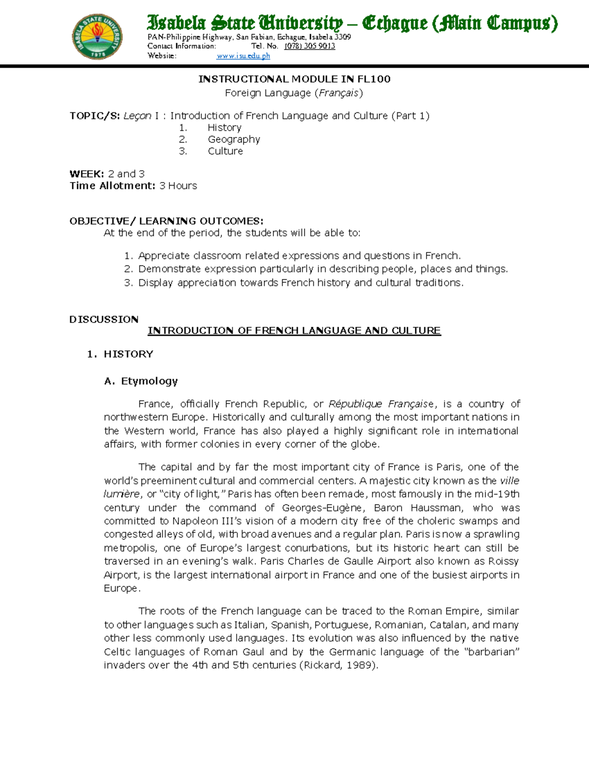 FL-IM 1: Introduction to French Language & Culture - Lesson 1 - Studocu