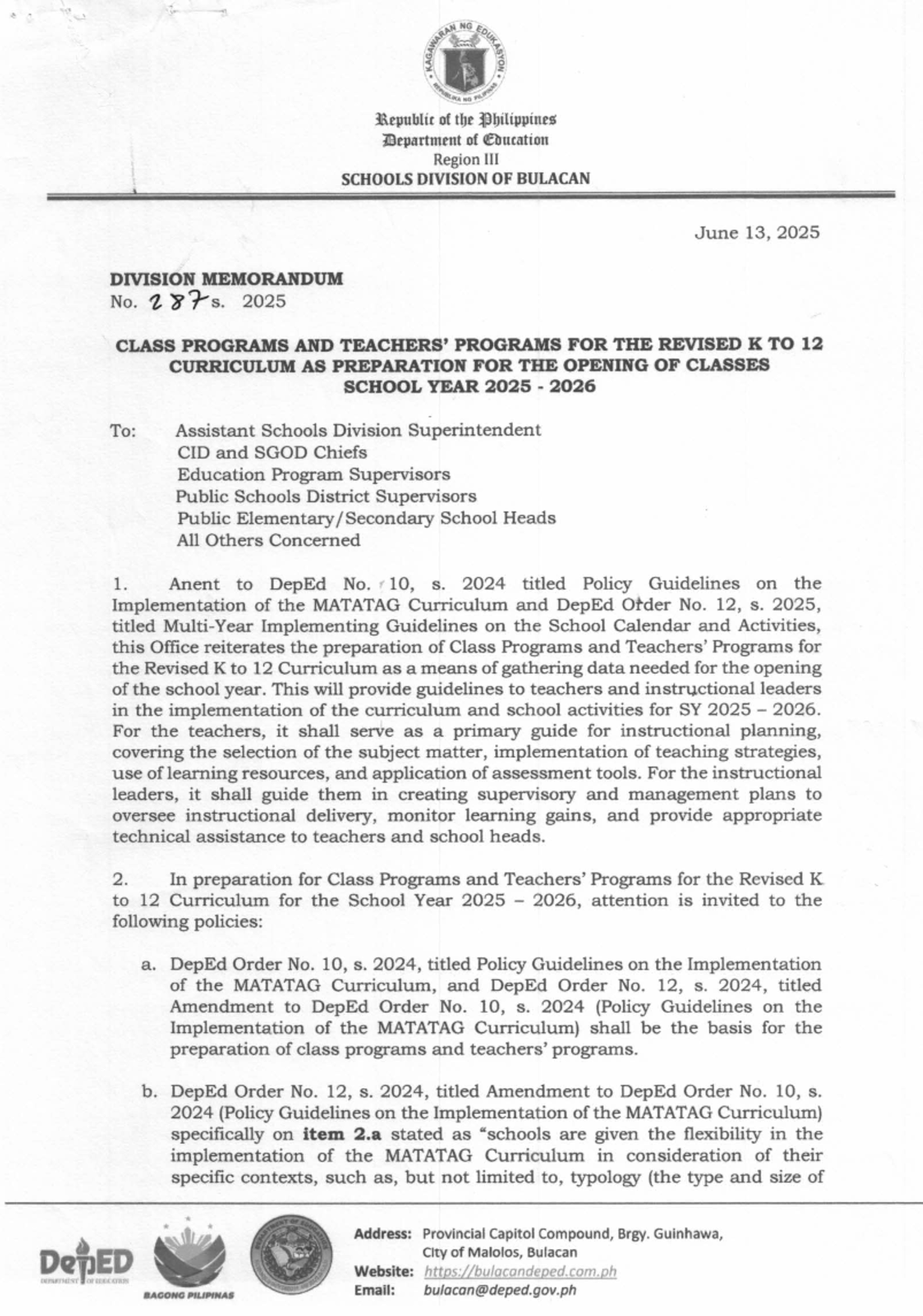 Division Memorandum No. 287 S. 2025: Class Programs for Revised K to 12 ...