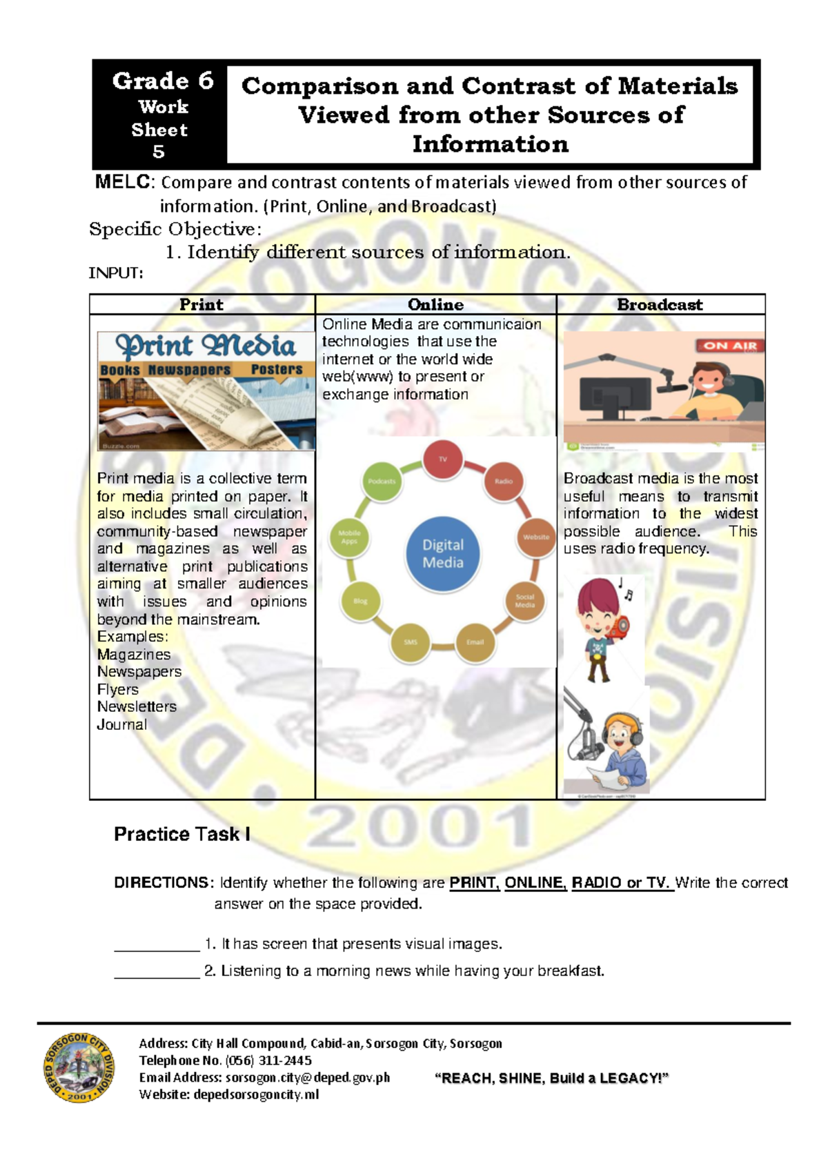 Grade 6 Worksheet 5: Comparison of Media Sources & Their Content - Studocu