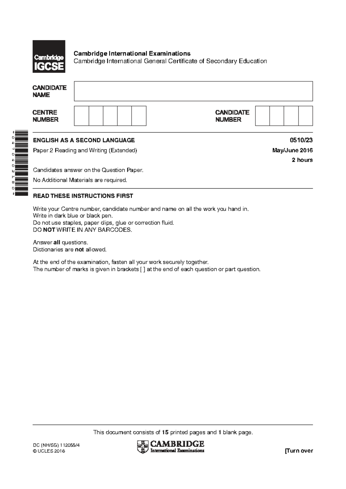 Cambridge IGCSE [0510] English as a Second Language Paper 2 Reading ...