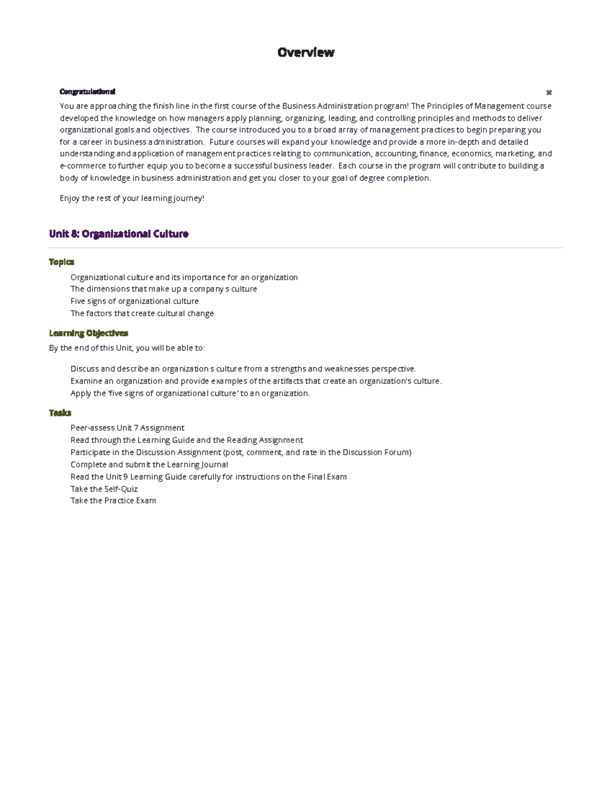 Learning Guide Unit 8: Understanding Organizational Culture in MGT 101 ...