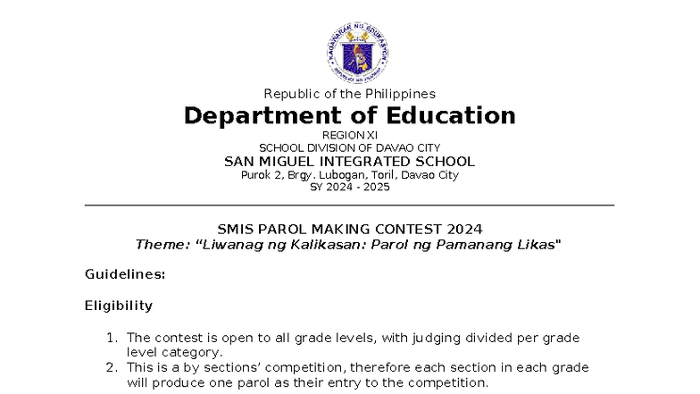 SMIS Parol Making Contest 2024: Guidelines and Specifications - Studocu