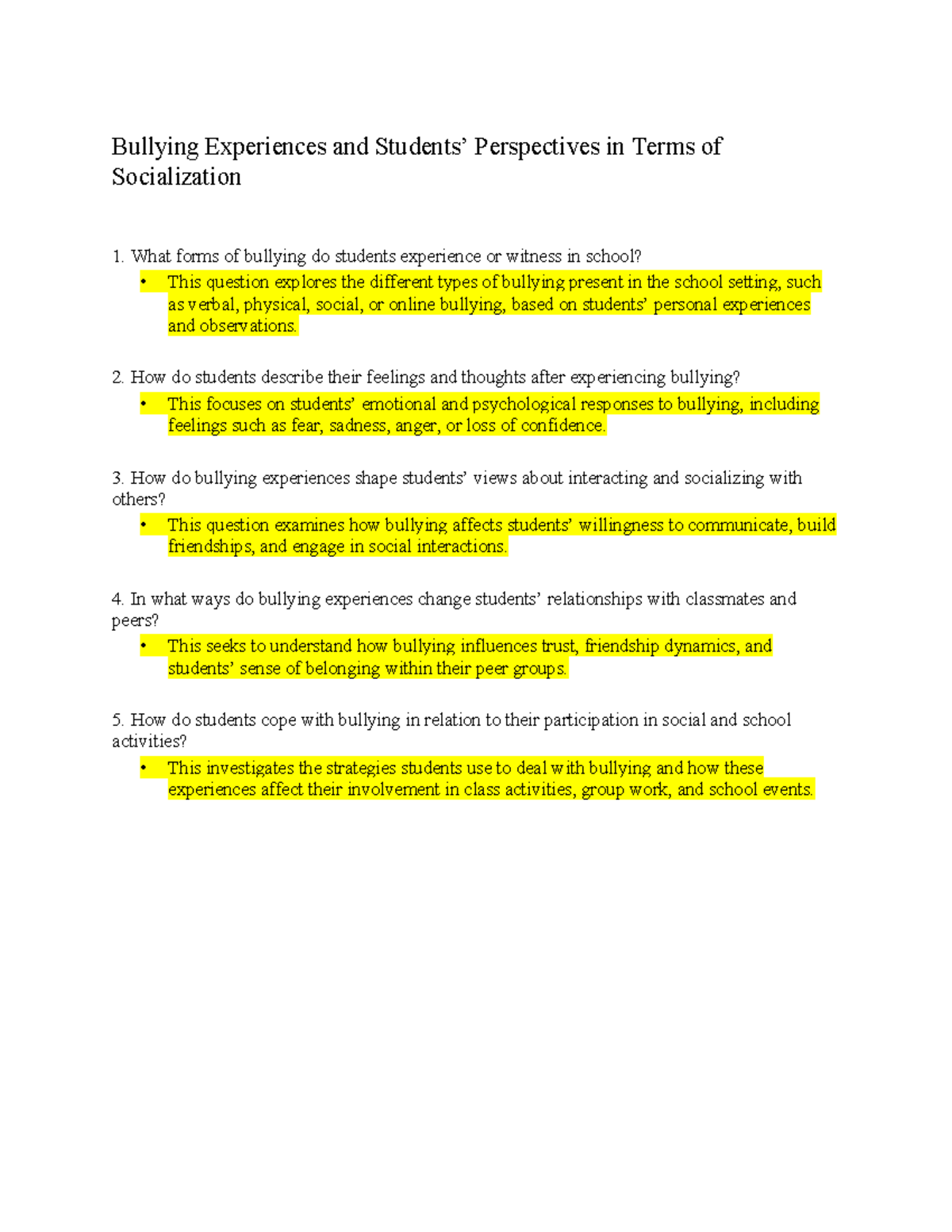 Research Questionnaire: Bullying Experiences & Socialization Insights ...