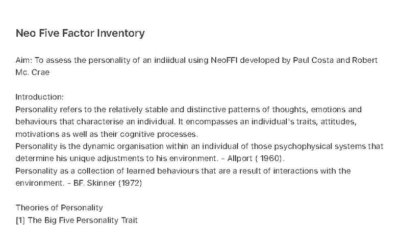 Neo Five Factor Inventory: Understanding Personality Traits and ...