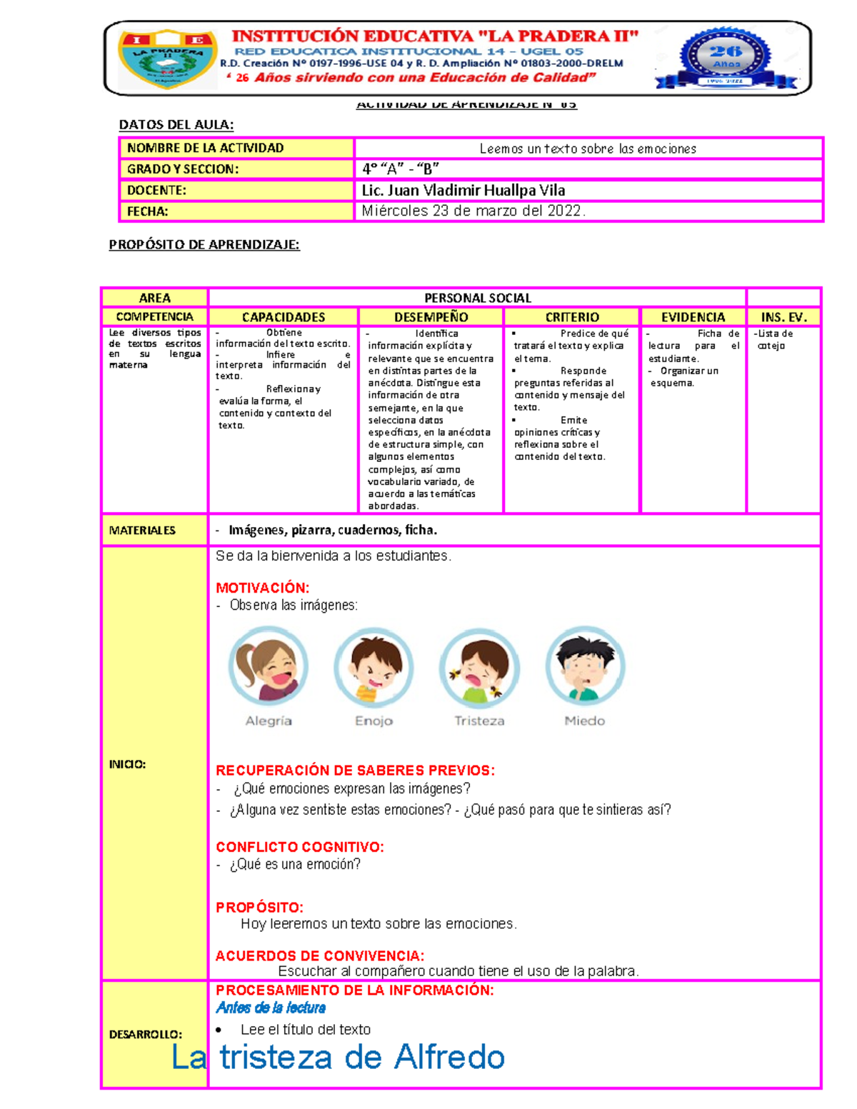 Actividad de Aprendizaje 05: Lectura sobre las Emociones en el Aula - Studocu