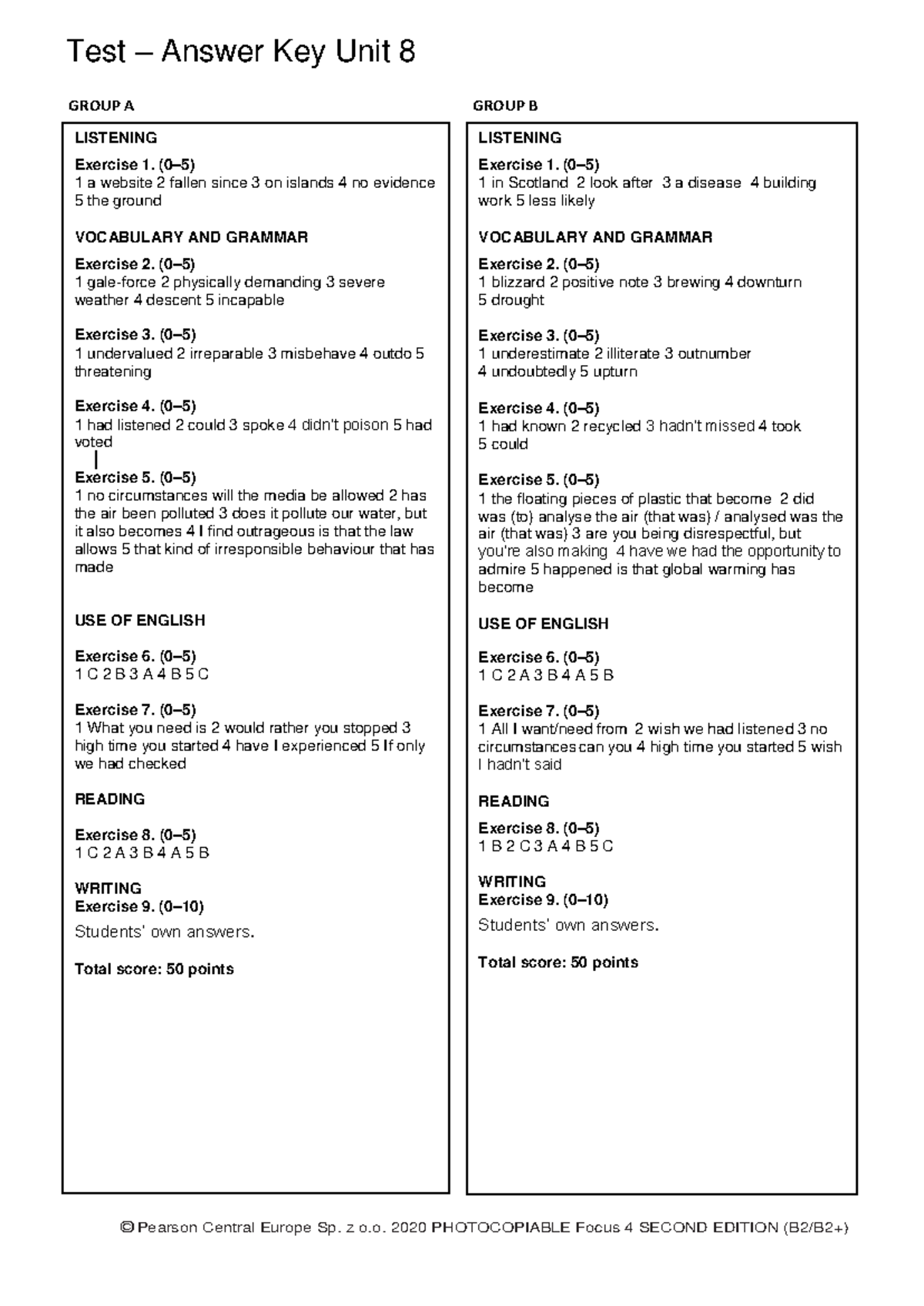 Focus 4 2E Unit 8 Test Answer Key for Listening & Grammar - Studocu