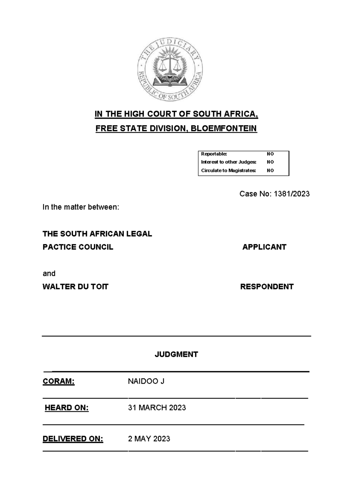 High Court Case No: LPC vs. Walter du Toit - Judgment Summary - Studocu