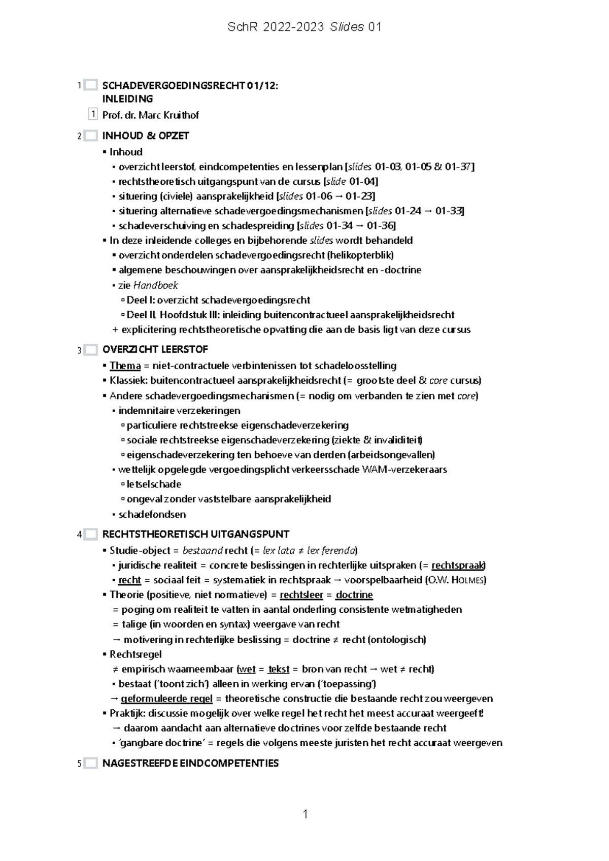 Sch R 2022-2023 Outline 01 - SCHADEVERGOEDINGSRECHT 01/12: INLEIDING ...